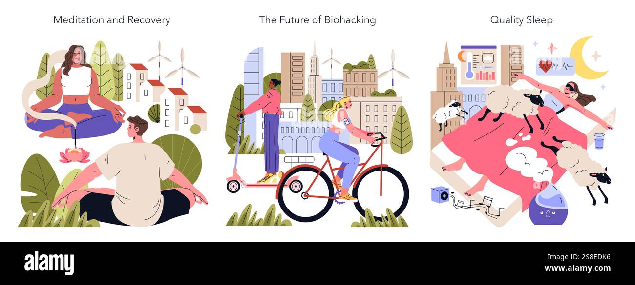 Biohacking set. Depiction of wellness routines, future health ...