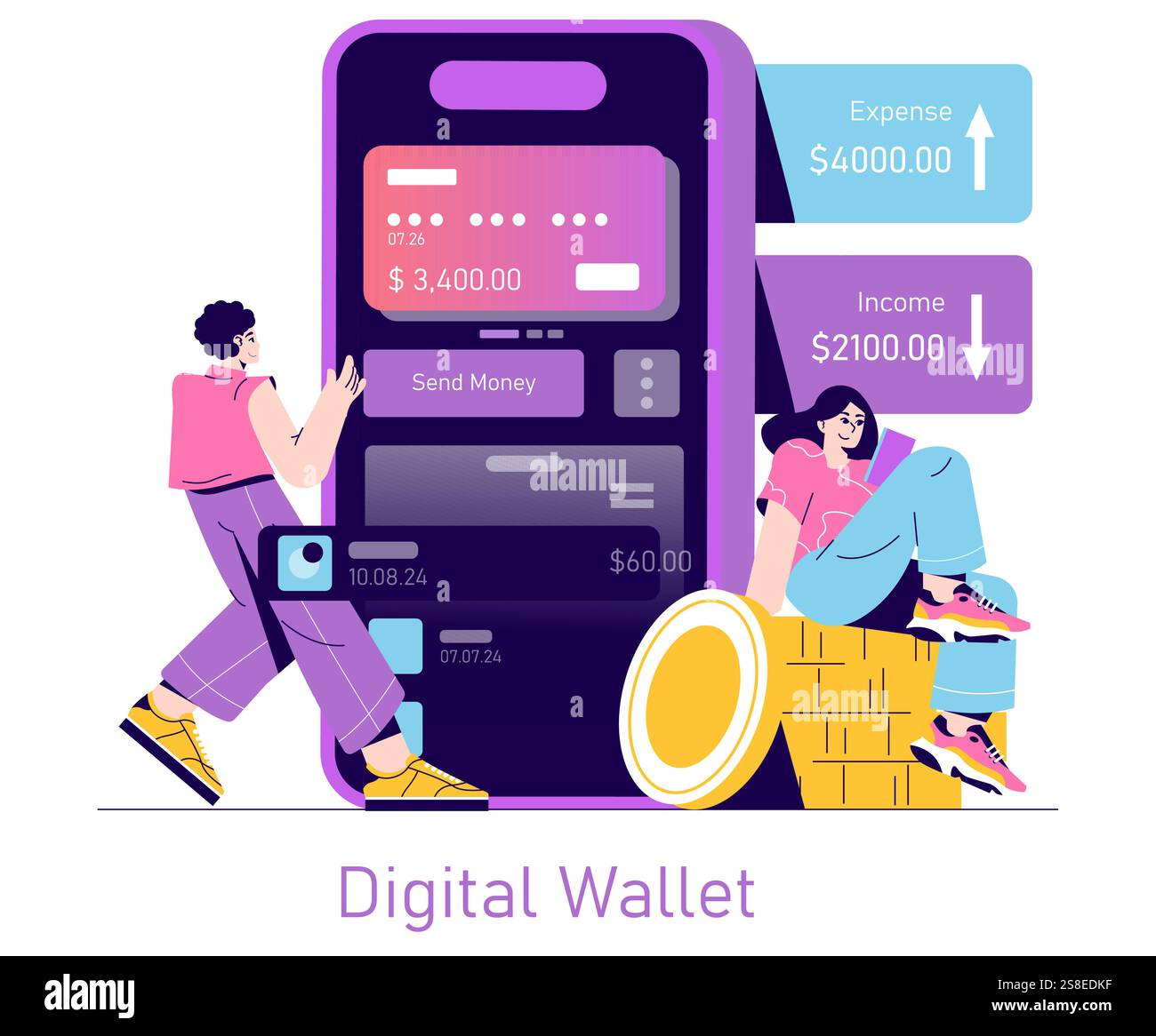 Digital Wallet concept. Illustration of users managing finances with a ...