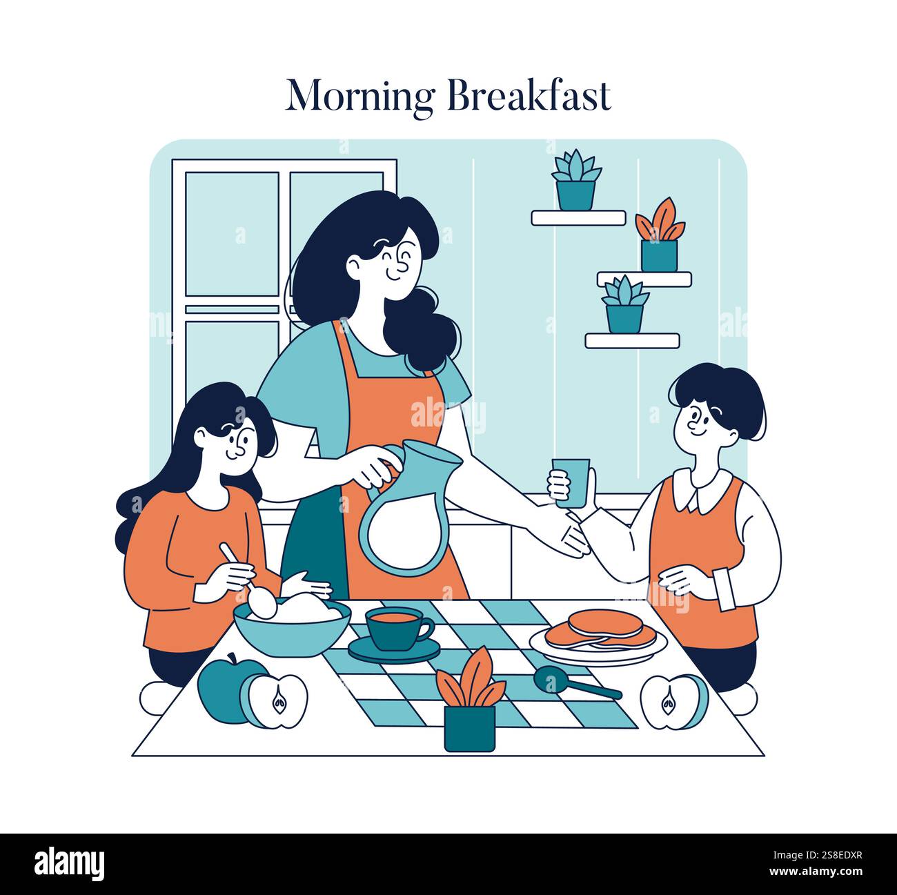 Working Mom Day concept. A mother serves breakfast to her children ...