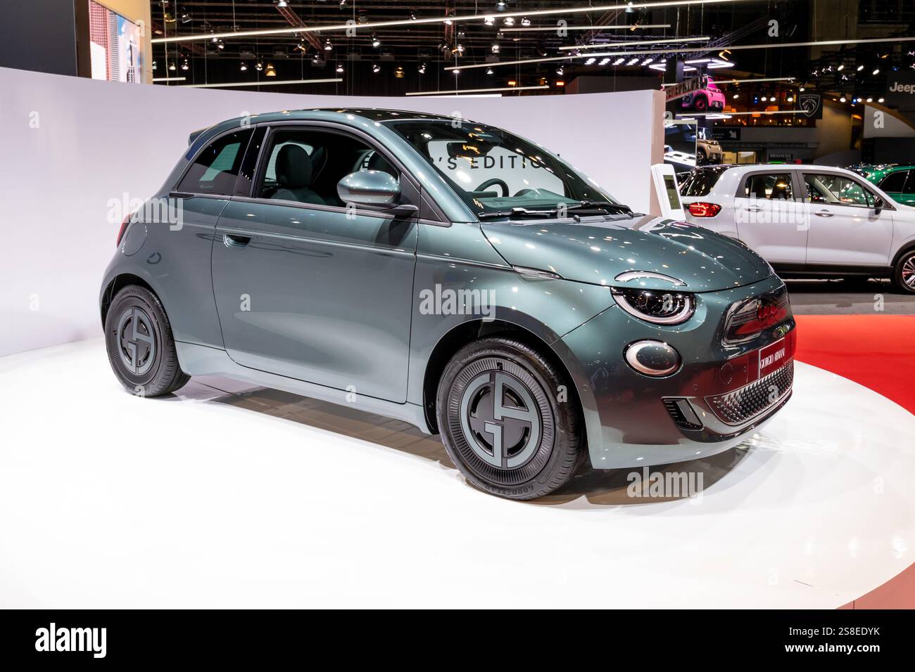 Fiat 500e Giorgio Armani edition (2025) electric car at the Brussels Motor Show. Brussels ...