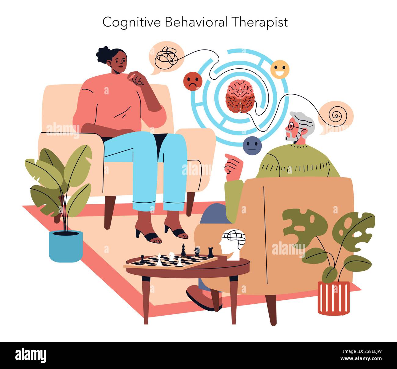 Cognitive Behavioral Therapy concept. A thoughtful patient interacts ...