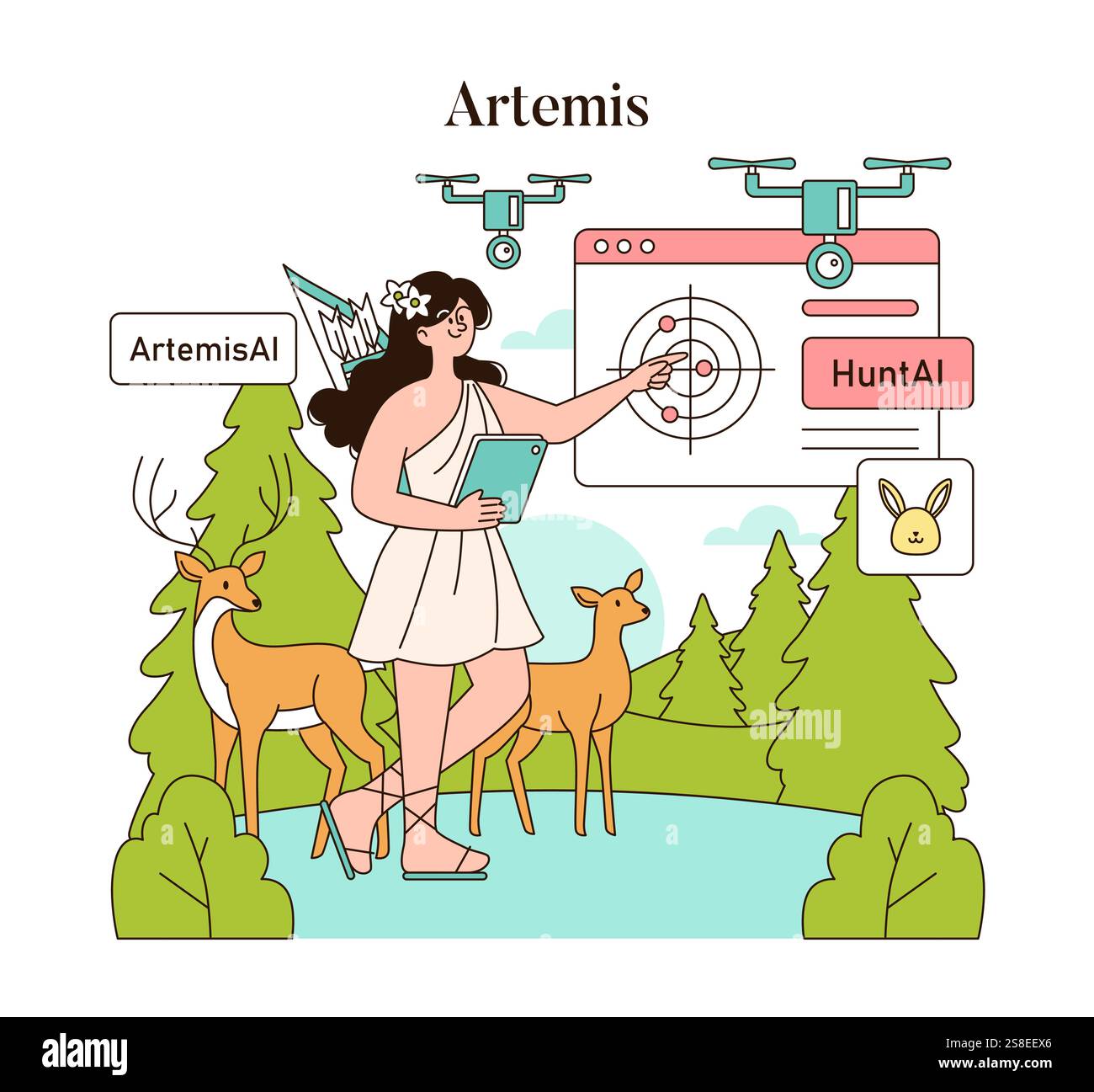Olympic Gods Synergy AI concept. Artemis merges technology with nature ...