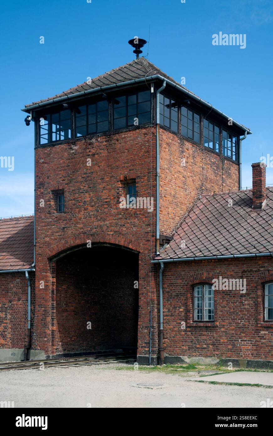 Main gatehouse and entrance to Birkenau death camp Stock Photo - Alamy