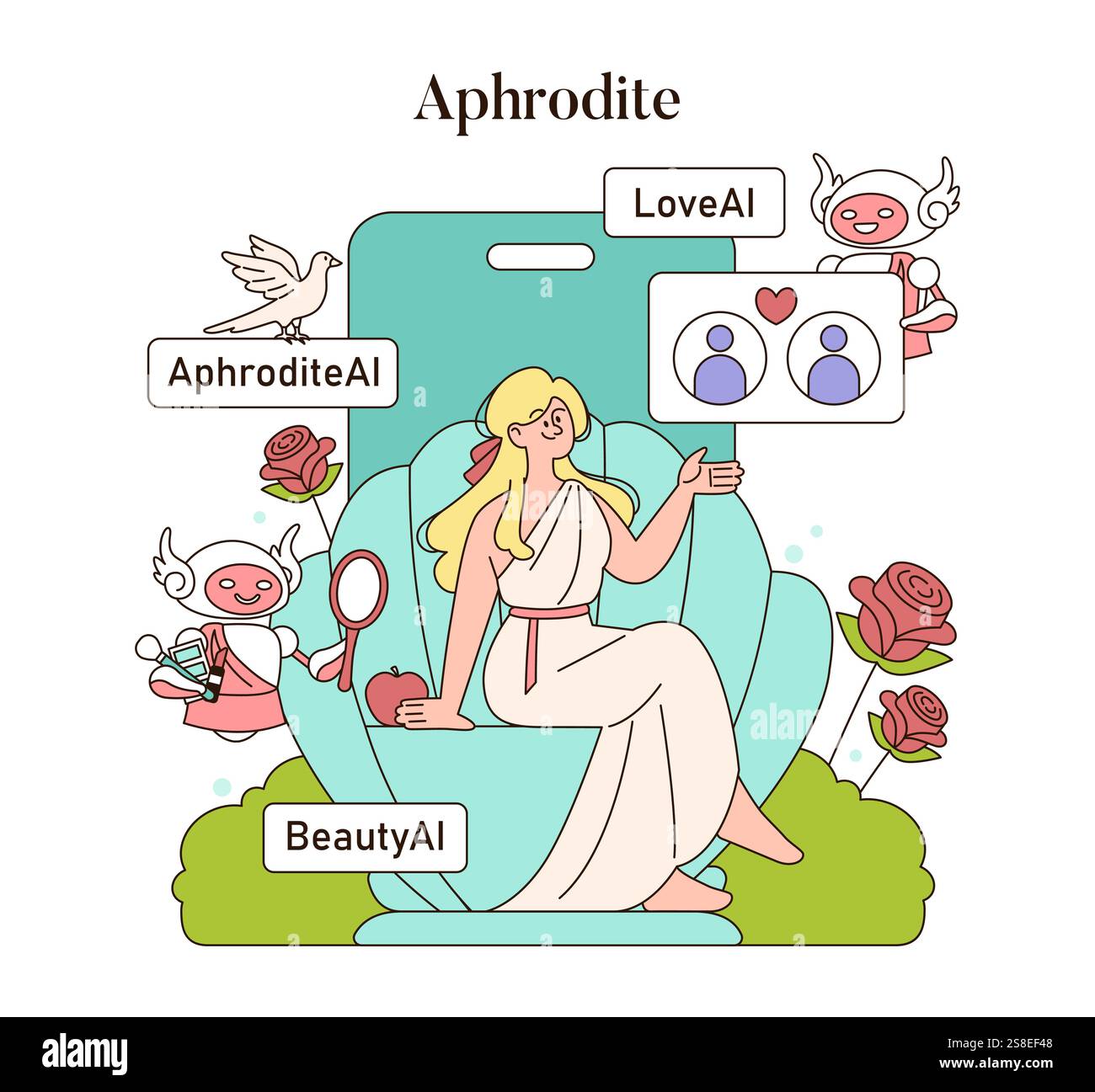 Olympic Gods Synergy AI concept. Aphrodite interacts with technology ...