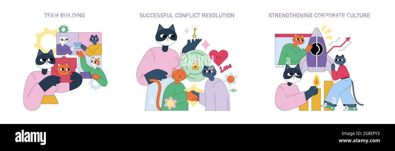 Illustration set on workplace dynamics featuring teamwork, conflict resolution, and corporate ...