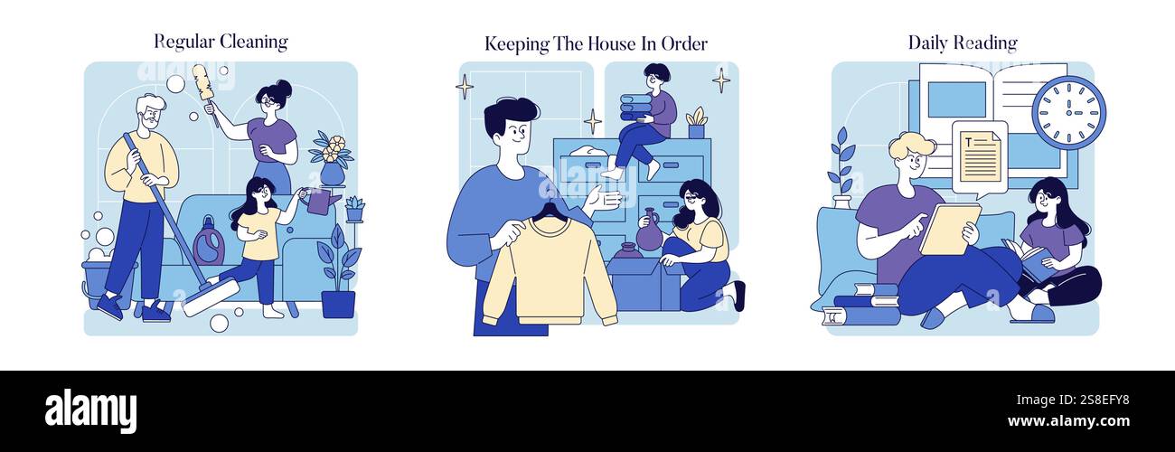 Lifestyle illustration set. Daily routines showcasing regular cleaning ...