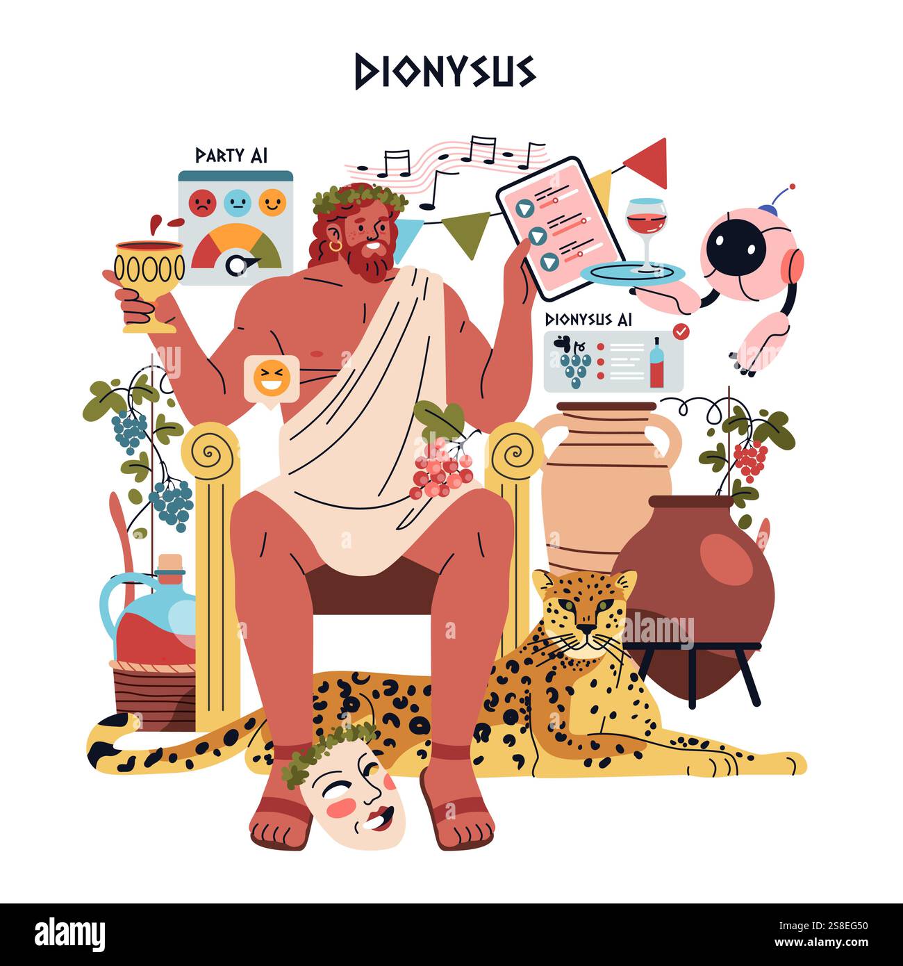Olympic Gods Synergy AI concept. Dionysus bonds with modern technology, surrounded by classic ...