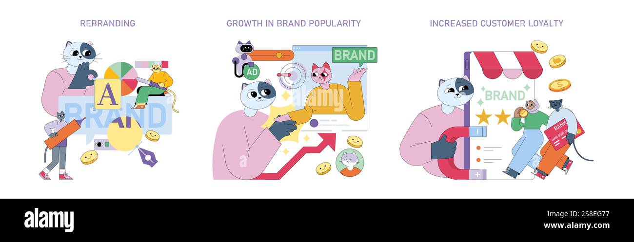 Branding set. Focus on rebranding strategies, growth in brand ...