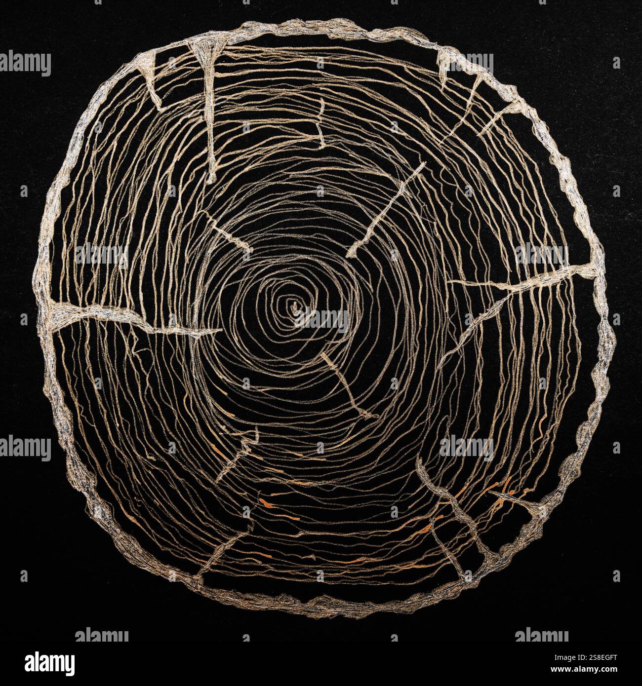 Wood structure, drawing with golden pen on black background. The ...