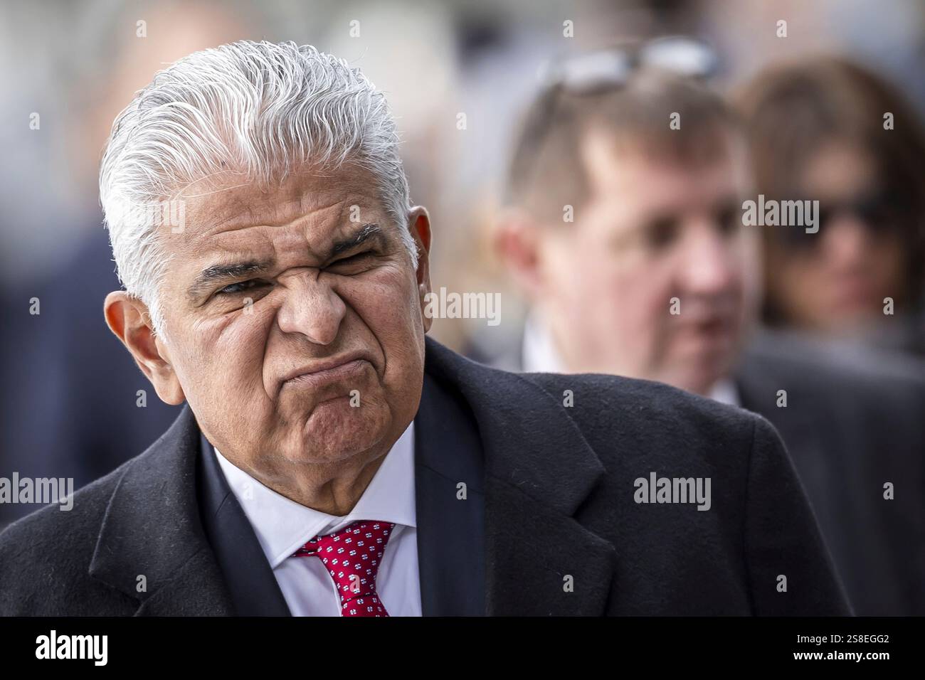 Jose Raul Mulino Quintero, President of Panama, reacts after a panel ...