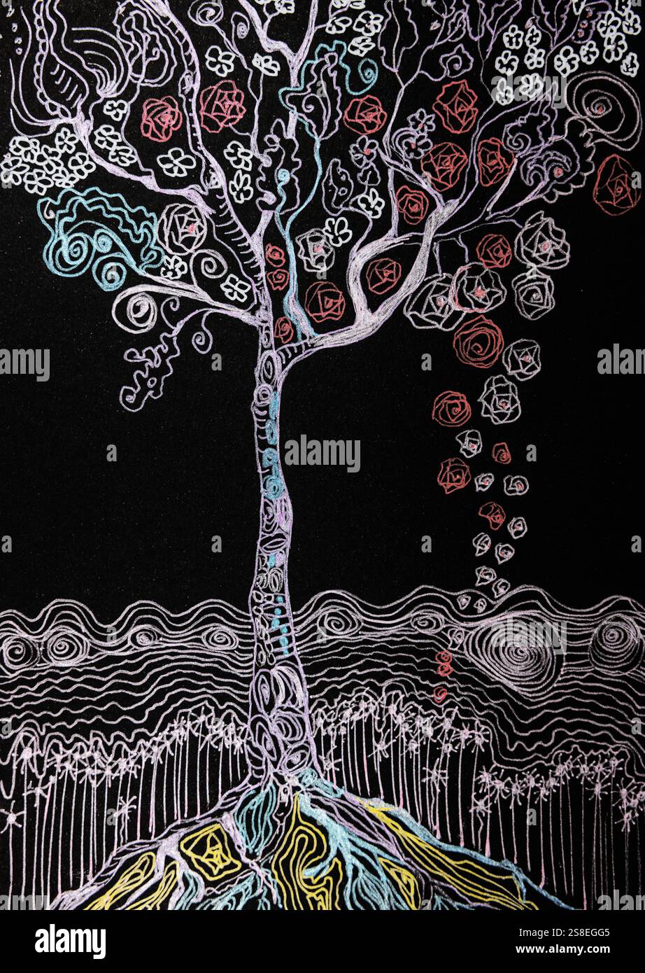 Tree of life on black background, drawing with multi colored pen and ...