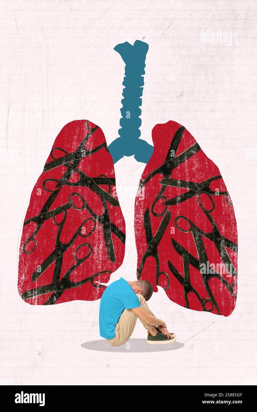 Desperate, sick man sitting neat abstract lungs filled with scissors ...
