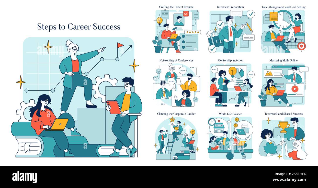 Steps to Career Success concept. This illustration provides essential strategies for achieving ...