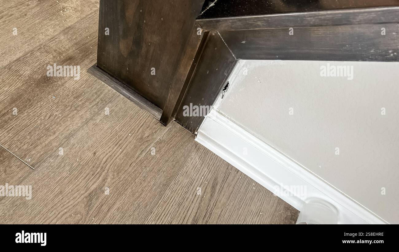 Stair Base with Trim and Flooring in New Home Construction Stock Photo ...