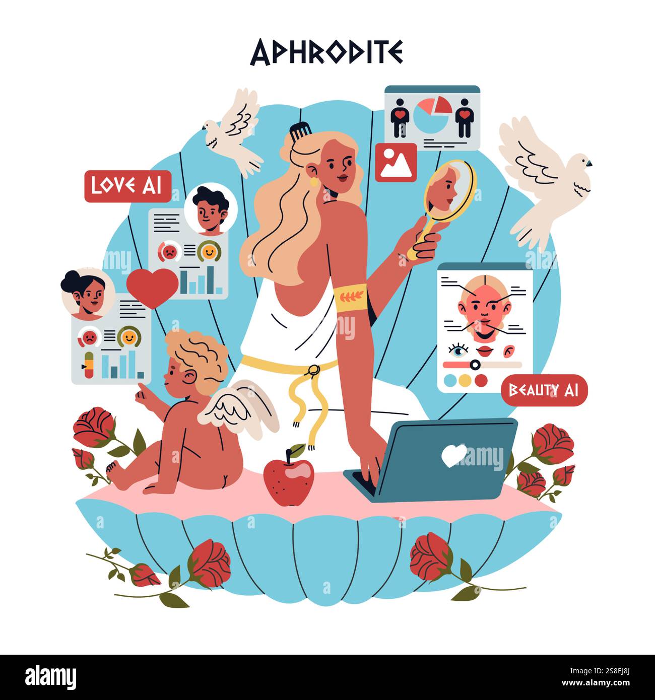 Olympic Gods Synergy AI concept. Aphrodite harnessing artificial intelligence for love and ...