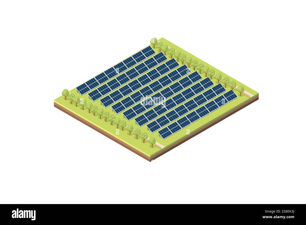 Isometric rural scene with farm field, trees and solar panel arrange ...
