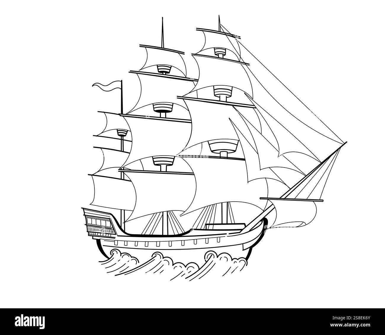 Black and white hand drawn tall sailing ship with multiple masts and ...