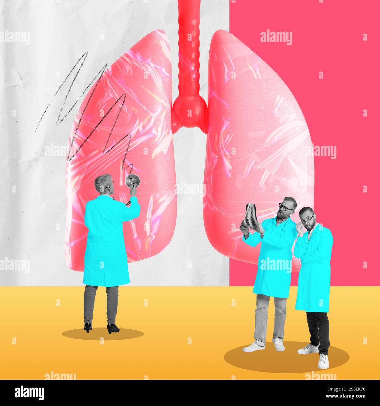 Three doctors analyze large pink lung illustration, symbolizing ...