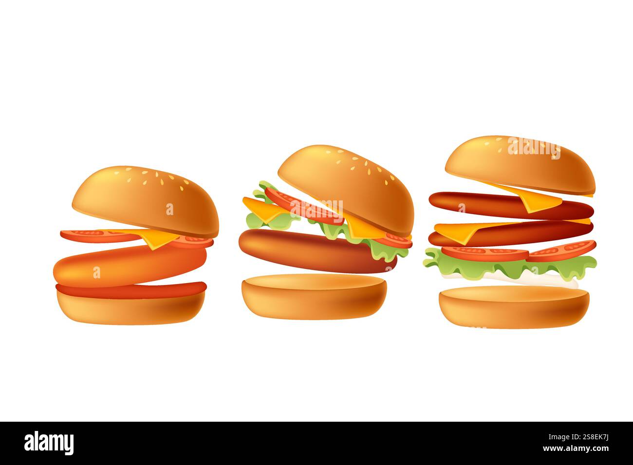 Set of burgers with layers of meat, cheese, lettuce, and buns. Ideal ...