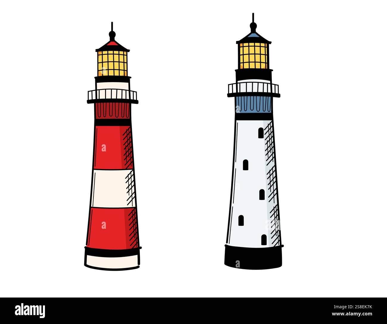 Set of two lighthouses with detailed architecture. Hand drawn sketch ...