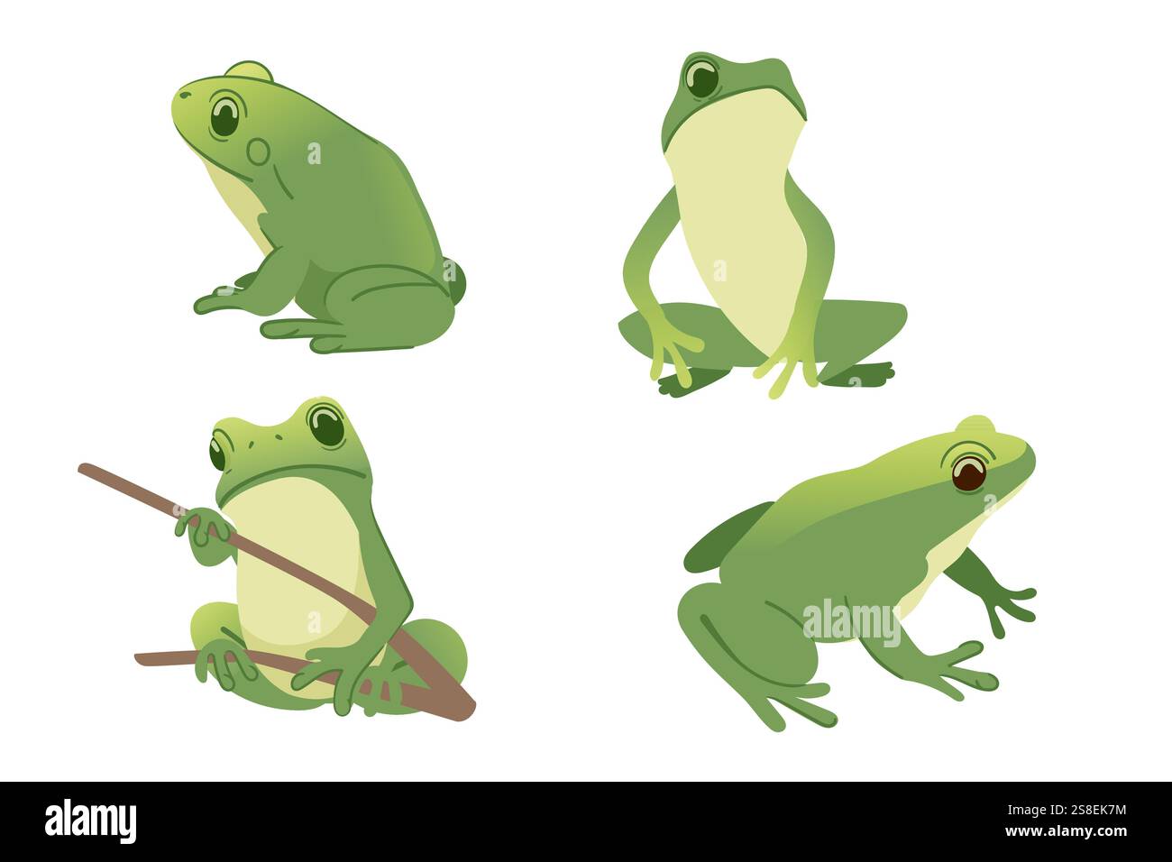 Set of green frogs in various poses. Cartoon animal design, cute ...