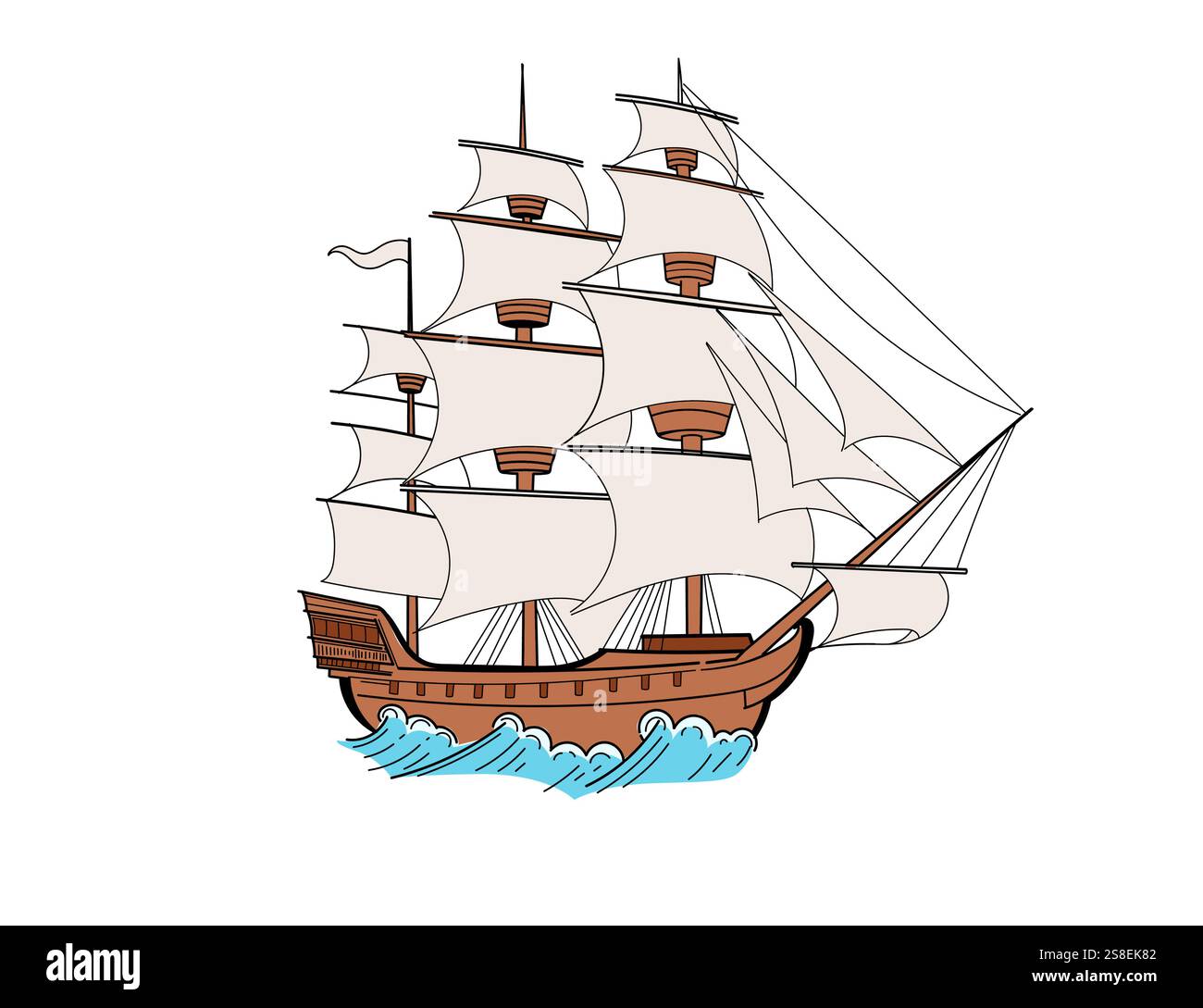 Full-color hand drawn tall sailing ship with multiple masts and ...