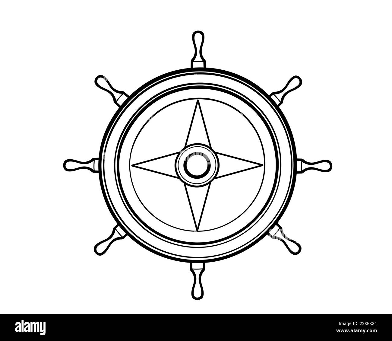 Black and white Compass integrated into a ship wheel, with detailed ...