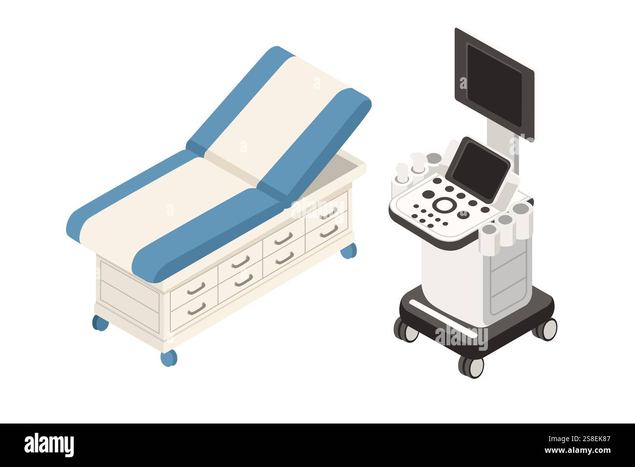 Isometric design Medical ultrasound machine with a patient bed. Modern ...