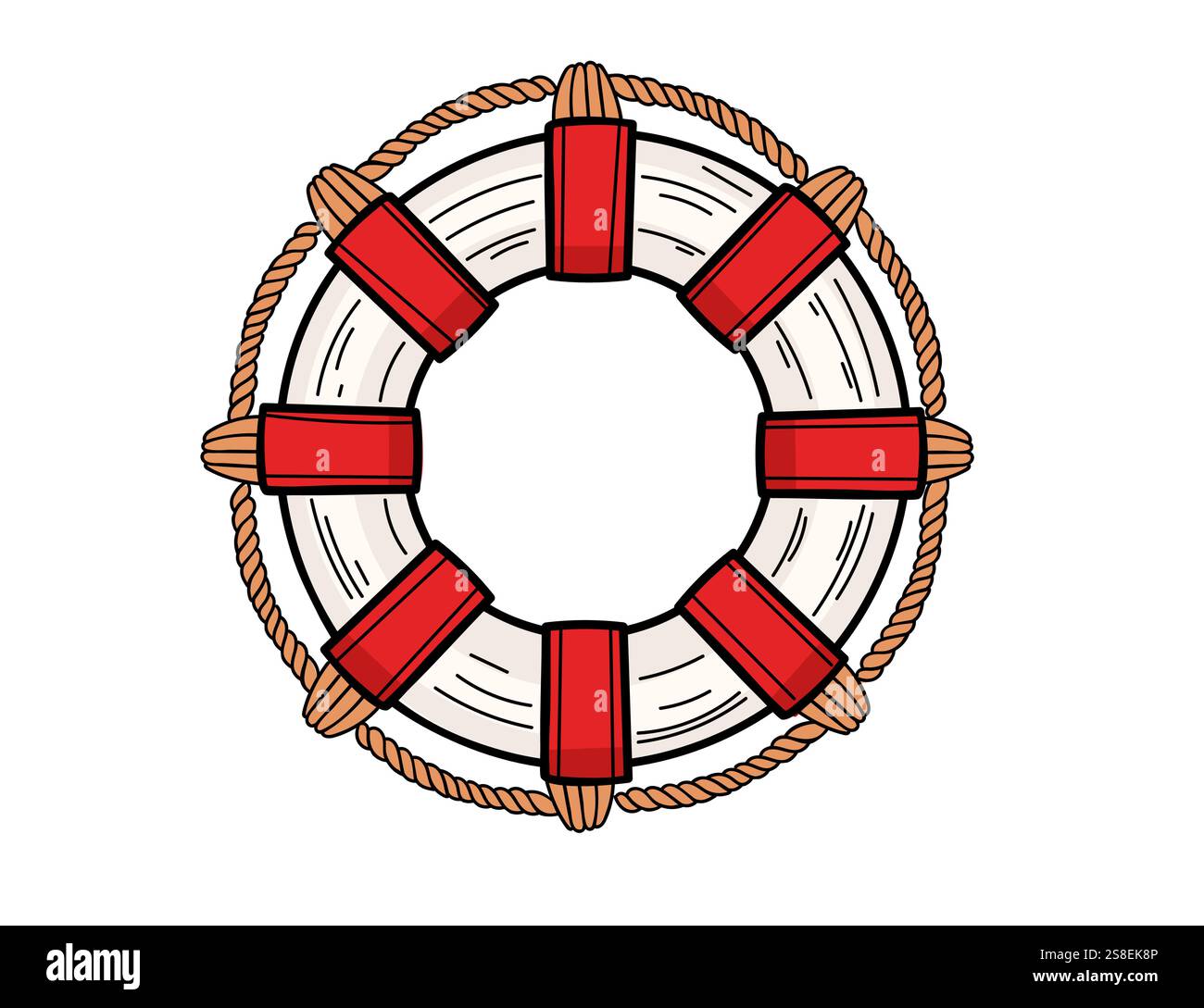 Hand drawn sketch style Lifebuoy with rope detailing. Red and white classic lifebuoy. Great for ...