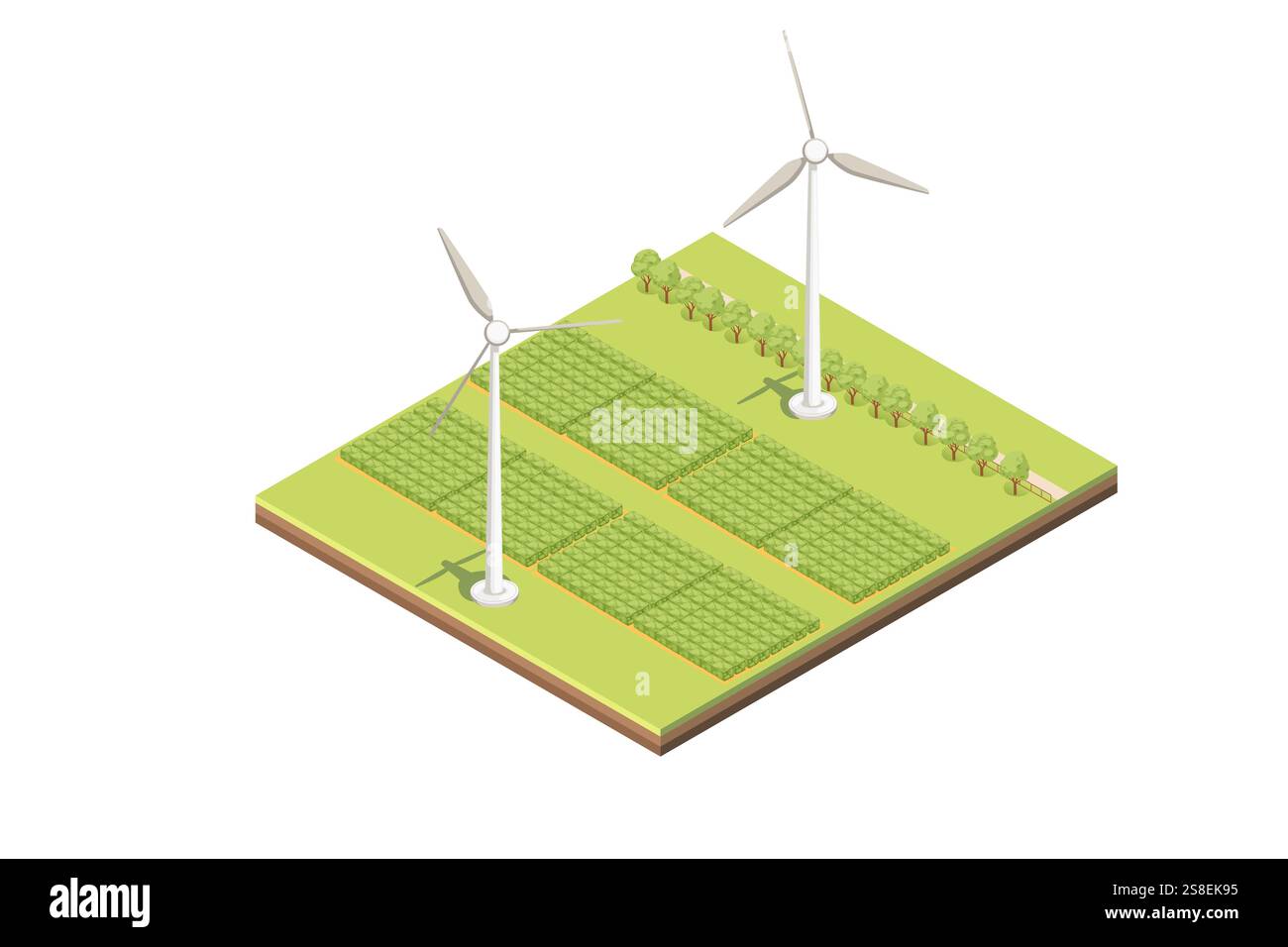 Isometric rural scene with farm field, trees and two big windmill wind ...