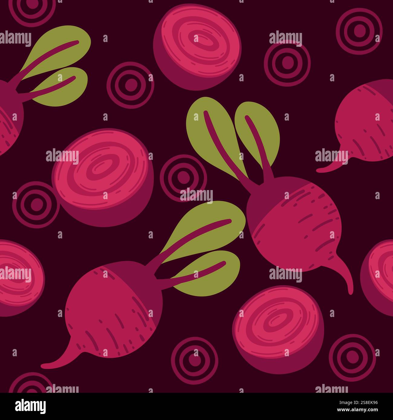 Beets with leaves in vibrant shades of pink and green on a dark ...