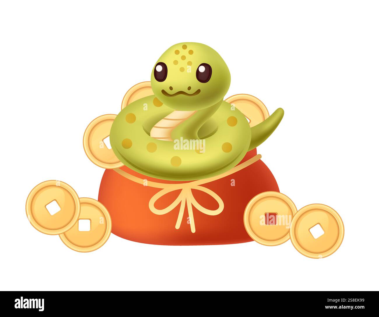 Cartoon snake coiled up sitting on red bag with golden chinese coins ...