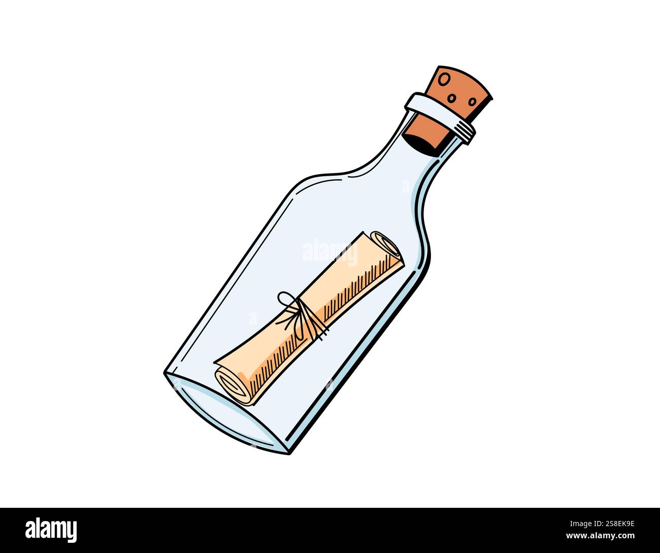 Bottle with a rolled-up message inside, drawn in a vintage sketch style ...