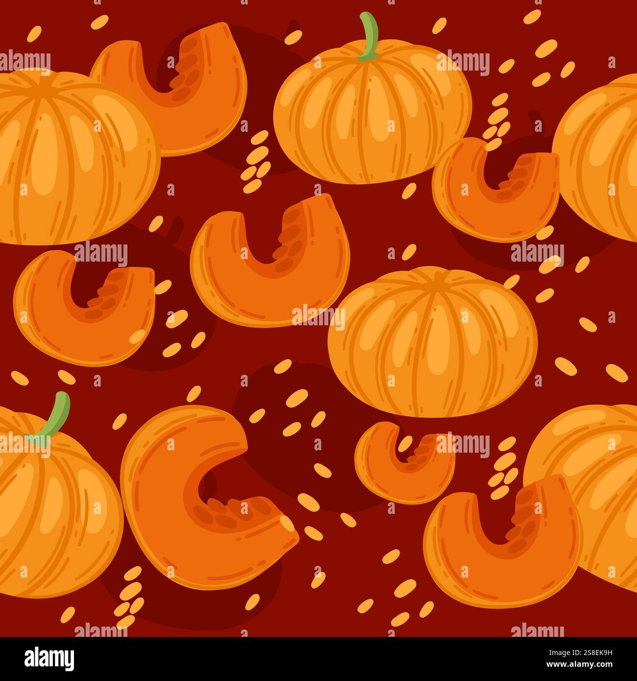 Pattern of pumpkins and seeds on a warm orange background. Great for ...