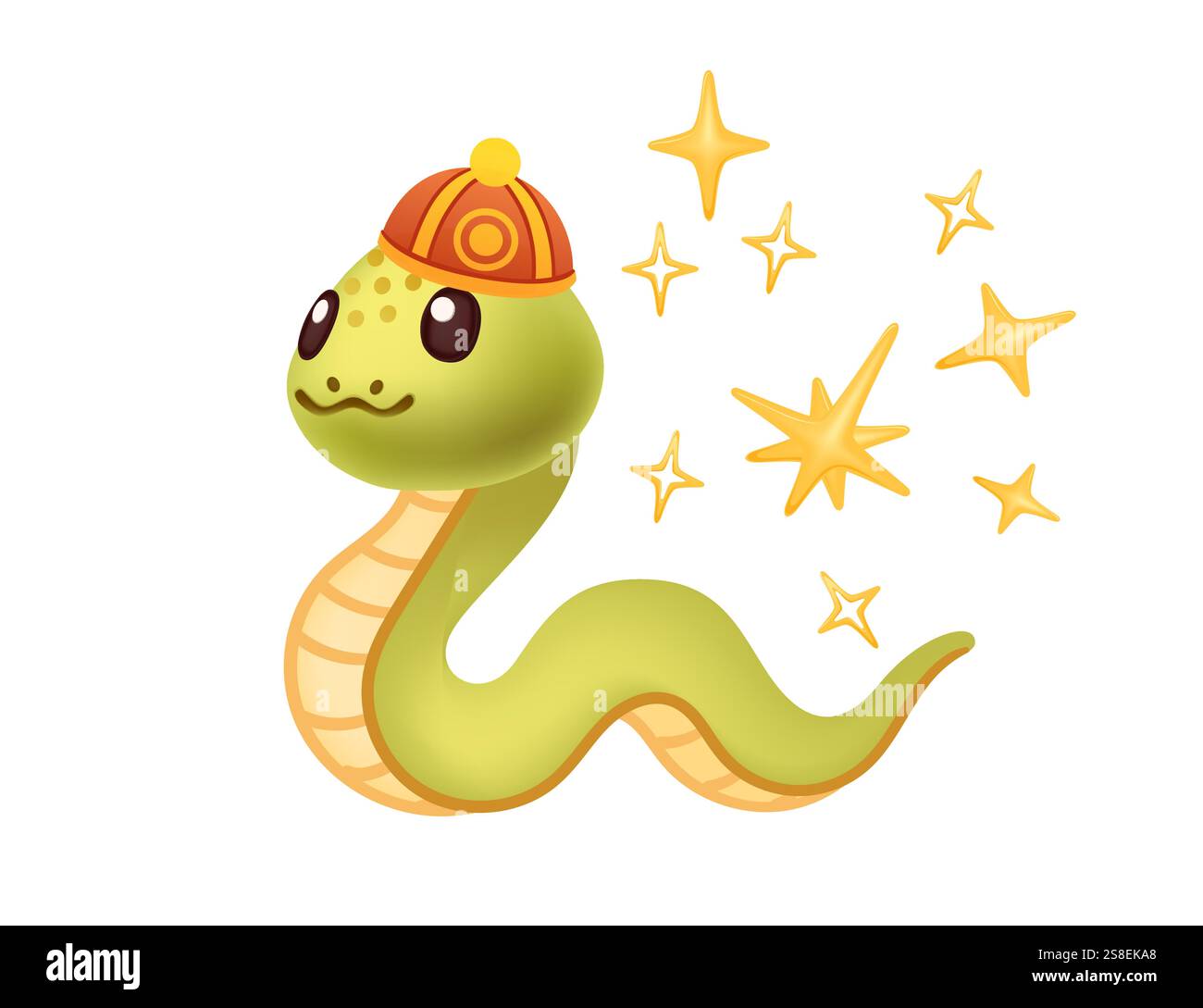 Cute snake with red festive chinese. Arrange of golden stars and ...