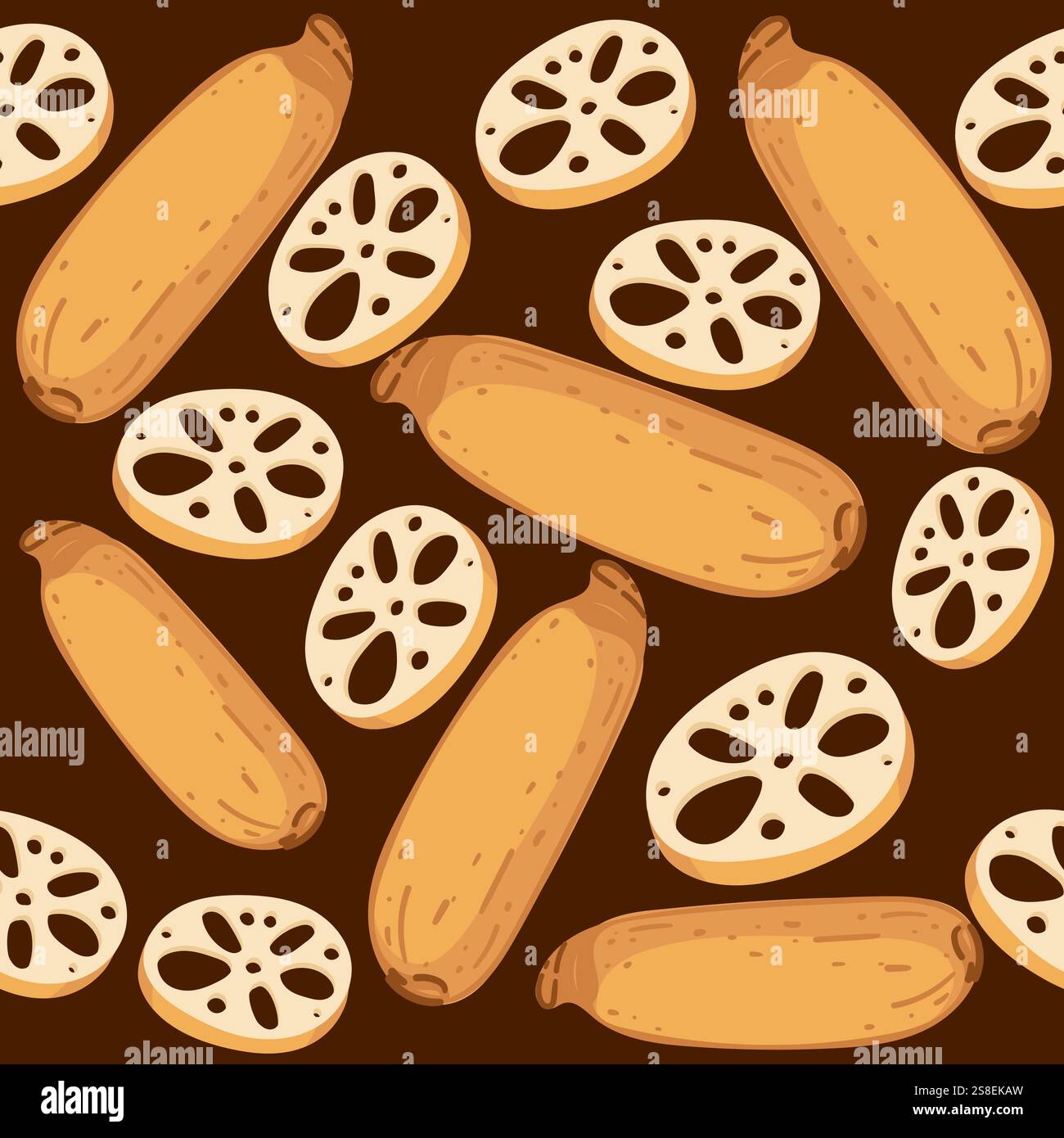 Pattern of lotus roots and taro on a brown background. Ideal for Asian ...