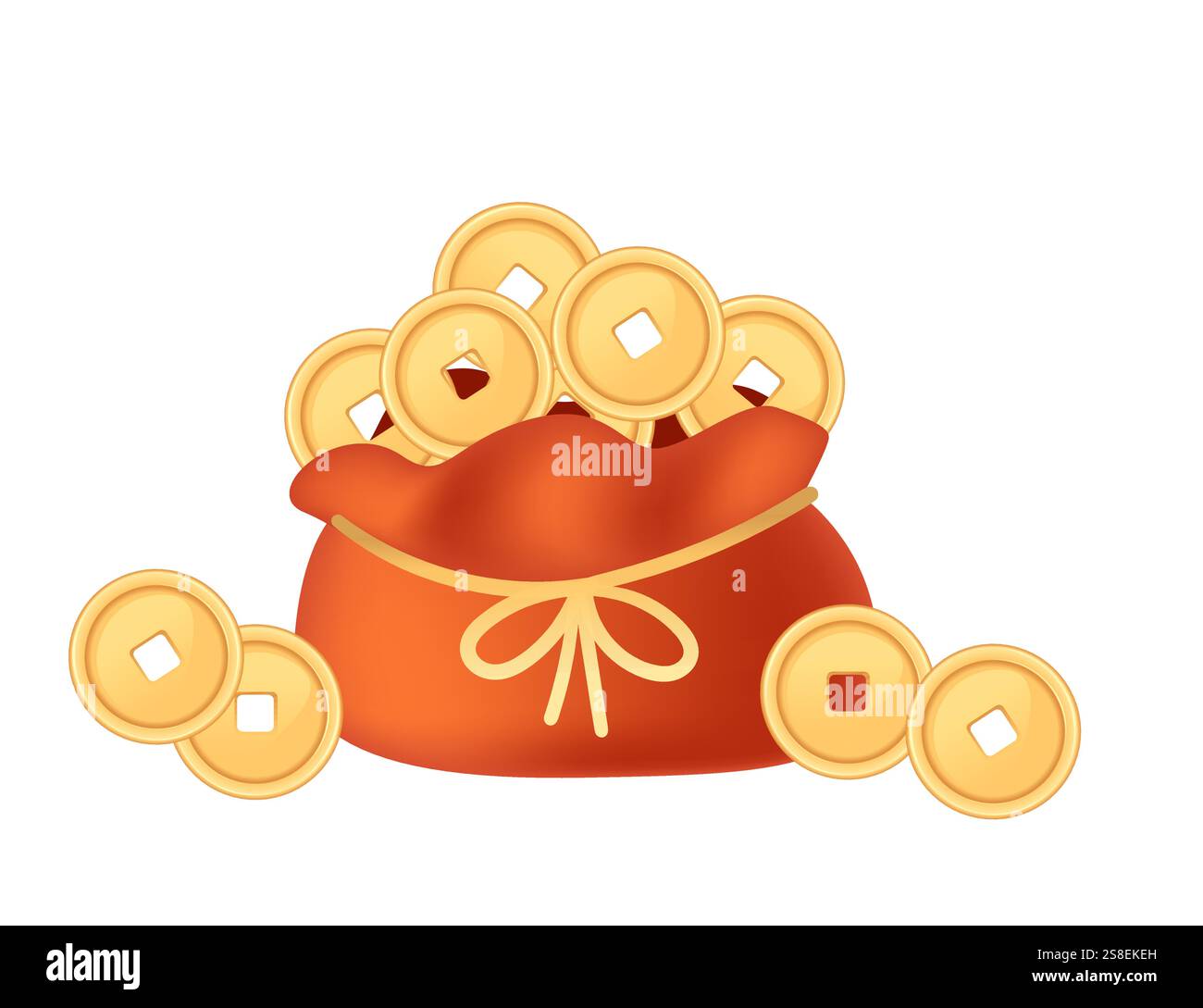 Red sack filled with shiny gold coins spilling out, tied with a ...