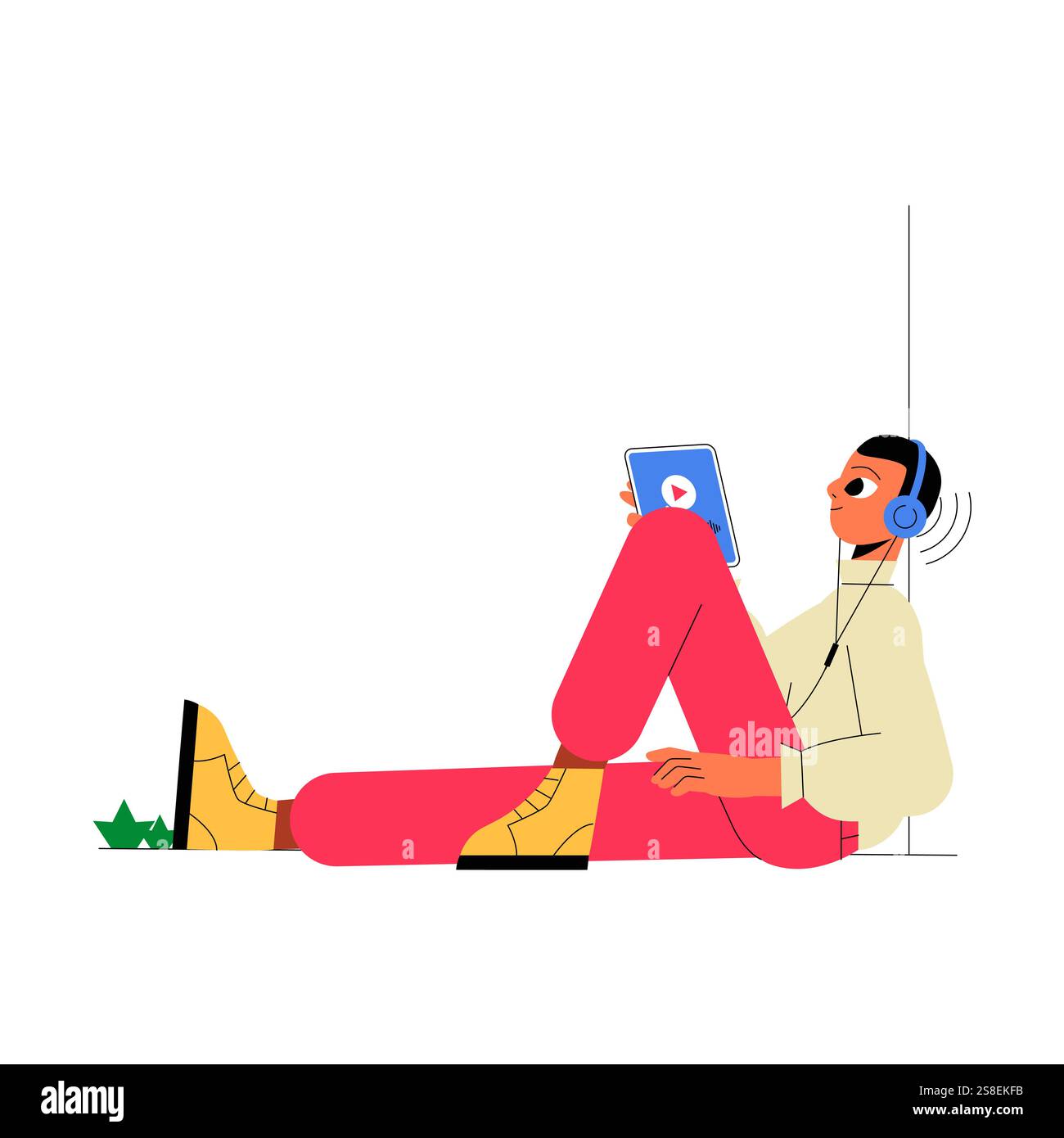 Male Character Listening To Audio On Tablet With Headphones In Flat ...