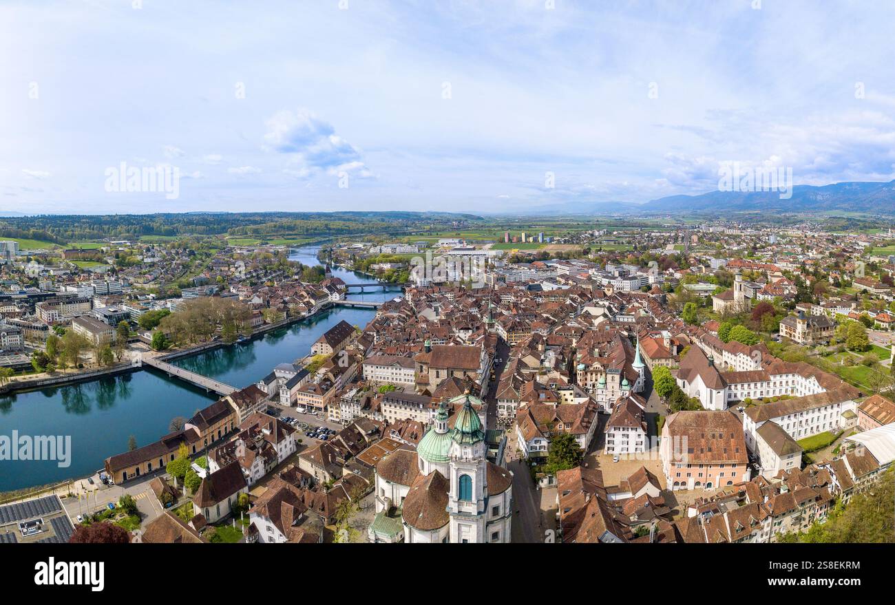 Panorama of aerial views of the old town of Solothurn city with St ...
