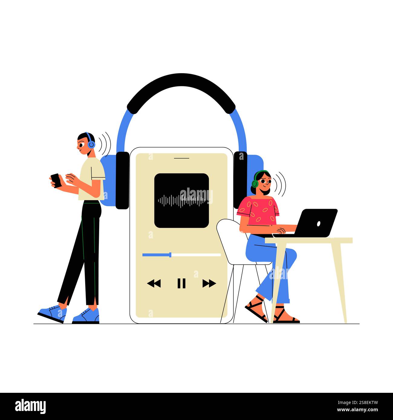 Two Characters Creating A Podcast With Headphones And Giant Smartphone ...