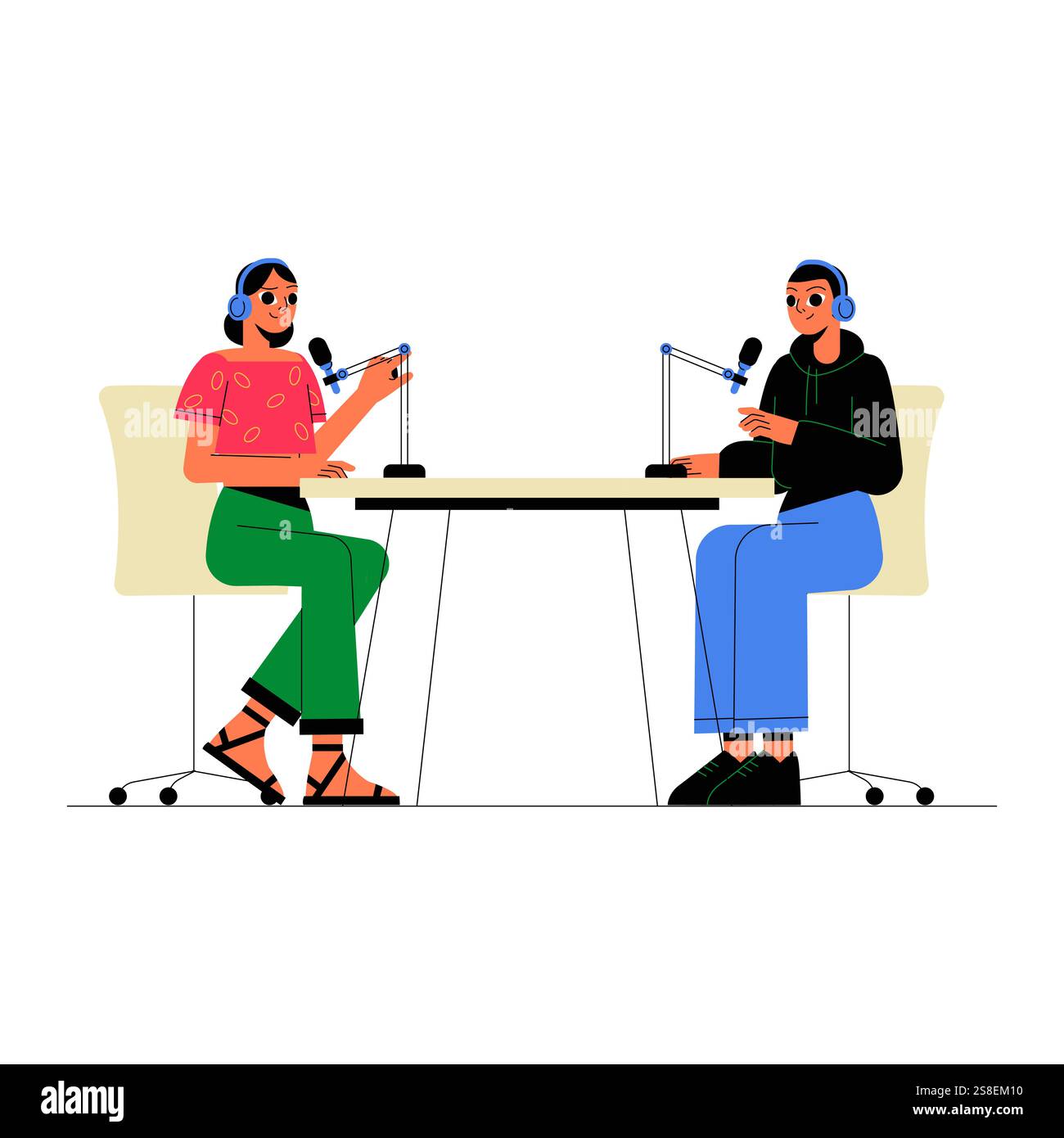 Two Podcasters Engaged In Discussion With Microphones In Flat Vector ...