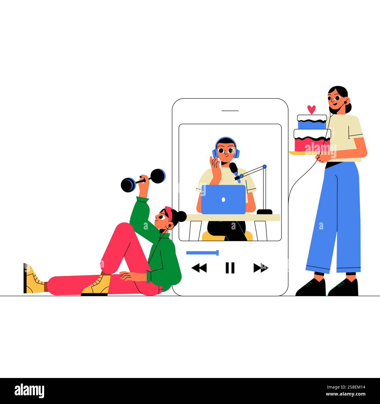 Two Characters Exercising And Celebrating While Listening To A Male ...