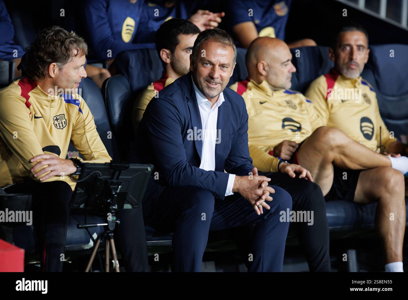 Barcelona, Spain. 1st Oct, 2025. Hansi Flick in action during the Uefa Champions League match ...