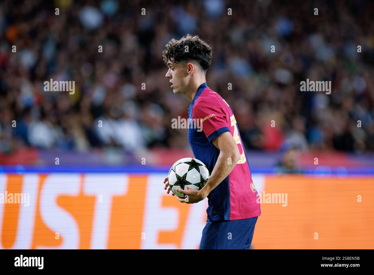 Barcelona, Spain. 1st Oct, 2025. Hector Fort in action during the Uefa Champions League match ...