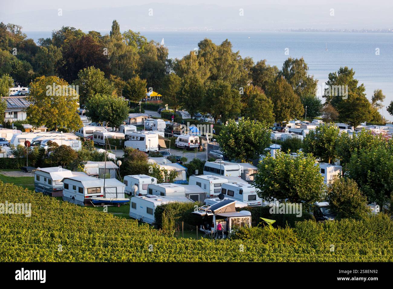 Campers are seen on Bodensee (Lake Constance) in Hagnau am Bodensee ...