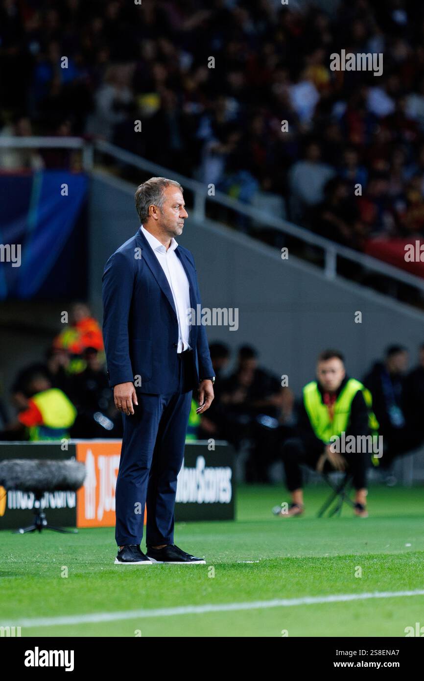 Barcelona, Spain. 1st Oct, 2025. Hansi Flick in action during the Uefa Champions League match ...