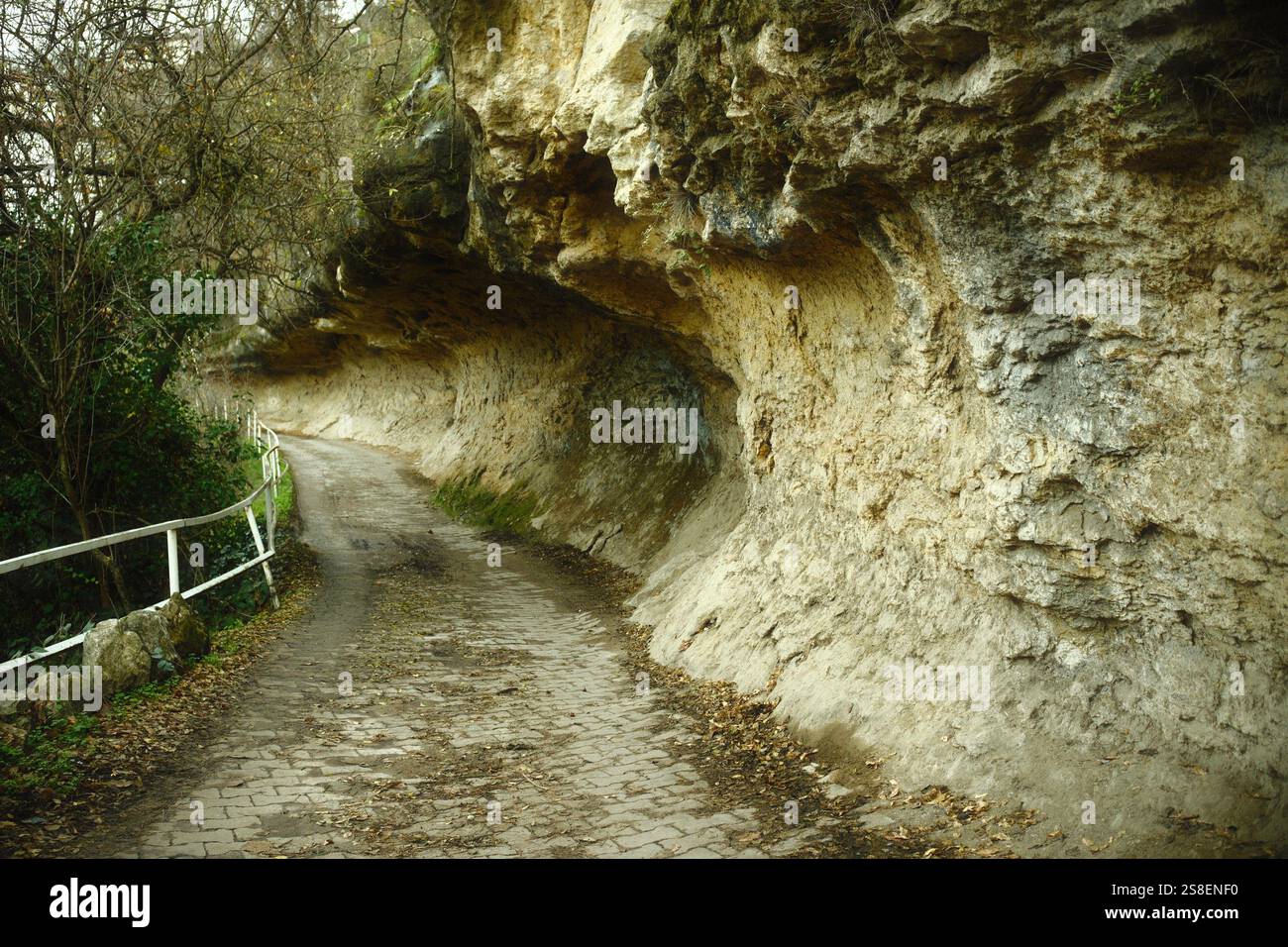 A narrow cliffside pathway carved alongside a rocky cliff in the ...