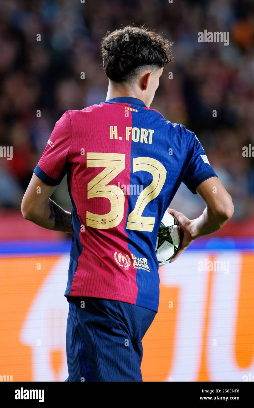 Barcelona, Spain. 1st Oct, 2025. Hector Fort in action during the Uefa Champions League match ...