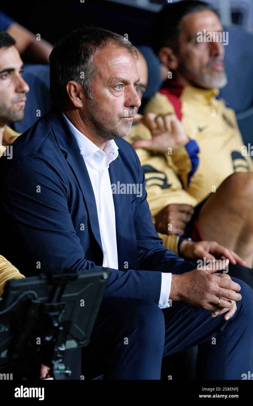 Barcelona, Spain. 1st Oct, 2025. Hansi Flick in action during the Uefa Champions League match ...