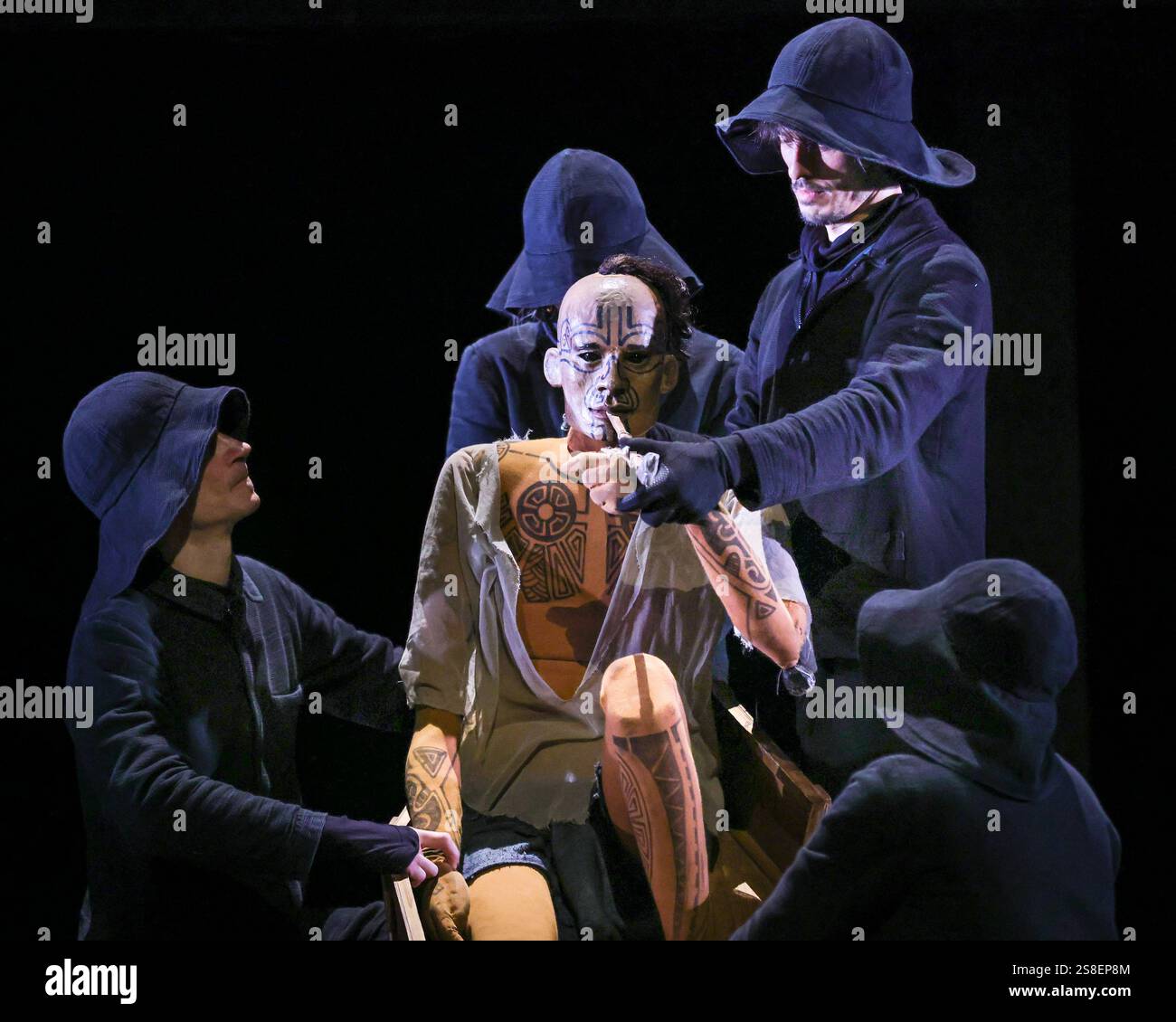 London, UK. 22nd Jan, 2025. The ensemble and puppets in a scene, Julian ...
